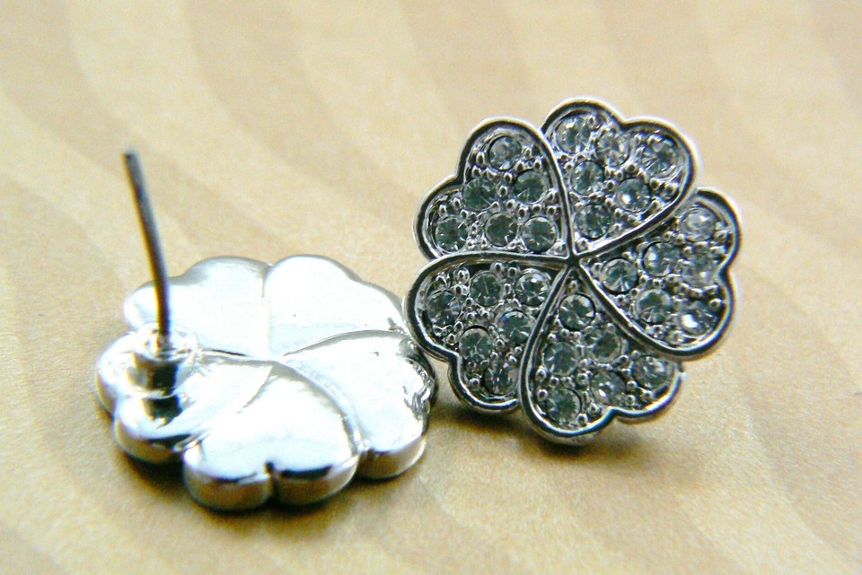 Silver tone clear CZ pave Clover Shamrock leaf flower stud earrings | eBay