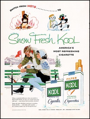 1958 Kool cigarettes ice skating couple winter theme retro art print ad ...