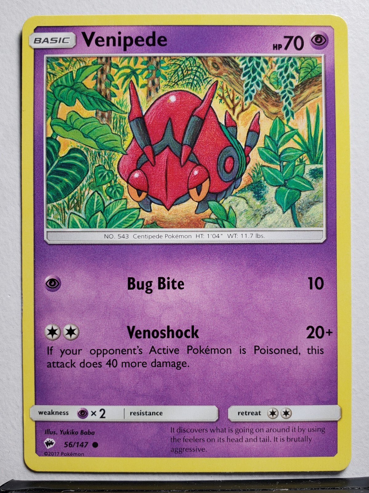 Venipede 56/147 LP / VLP Burning Shadows Sun Moon Pokemon Card - Yukiko ...