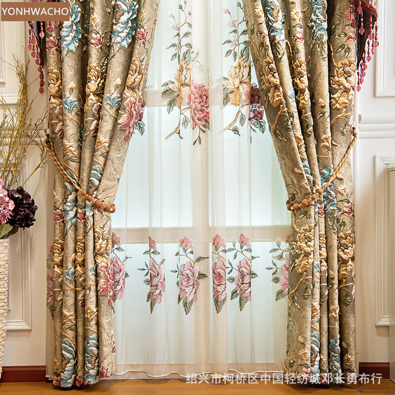 luxury American embossed jacquard coffee cloth curtain valance tulle ...