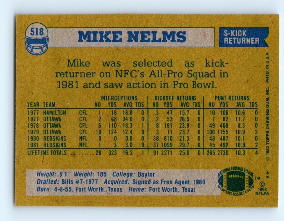 1982 Topps Mike Nelms Washington Redskins #518 | eBay