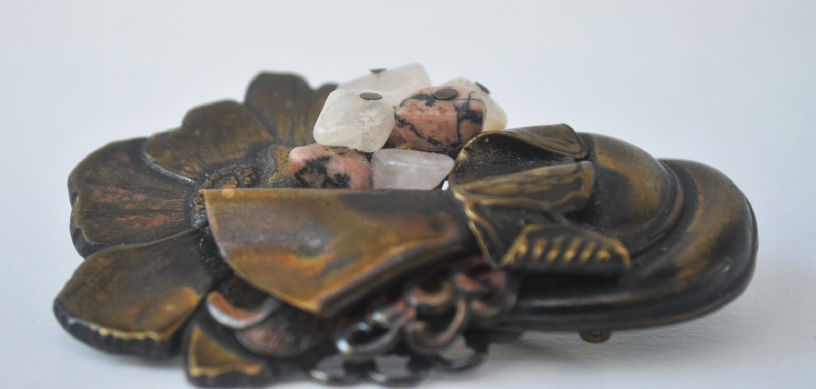 Vintage Tussie Mussie Brass and Multistone Brooch Pin… - Gem