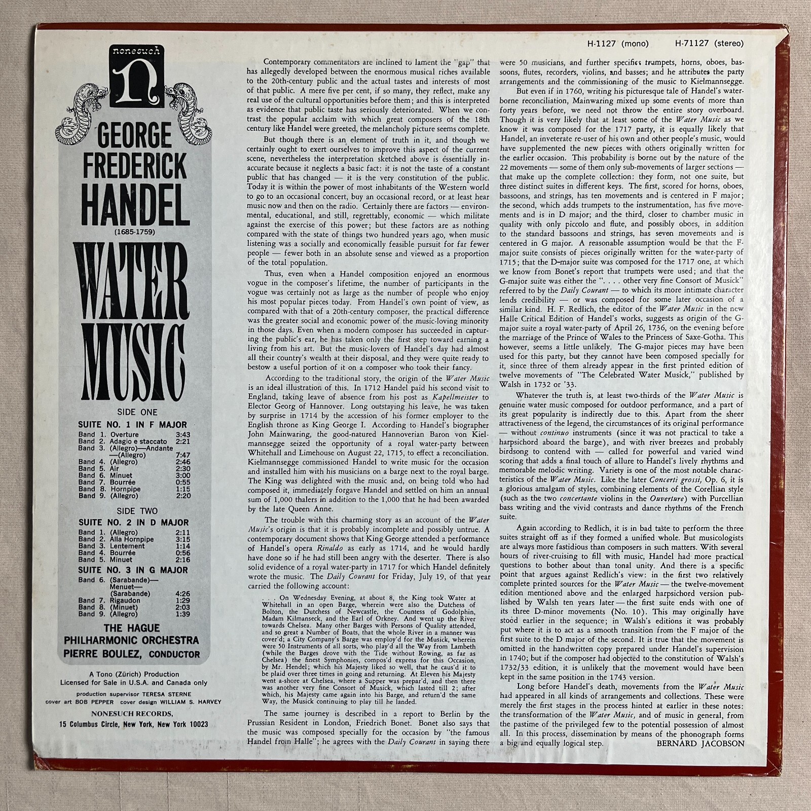 HANDEL Water Music 1967 Vinyl LP Nonesuch H-71127 - VG+ | eBay