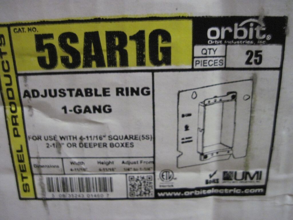 Orbit 5SAR1G Adjustable Depth Square Metallic Box Mud Ring 1-Gang 4-11/ ...