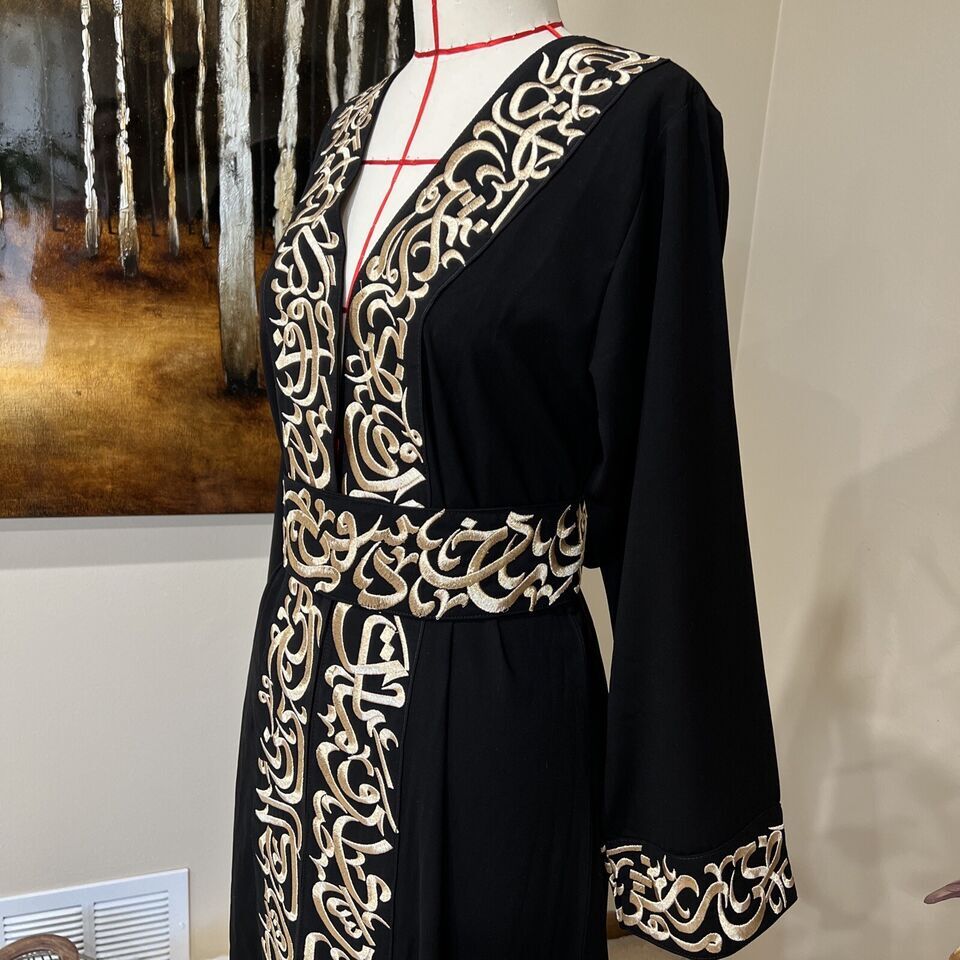 Abaya Dress Cardigan Arabic Calligraphy Embroidery Long Sleeve Black ...