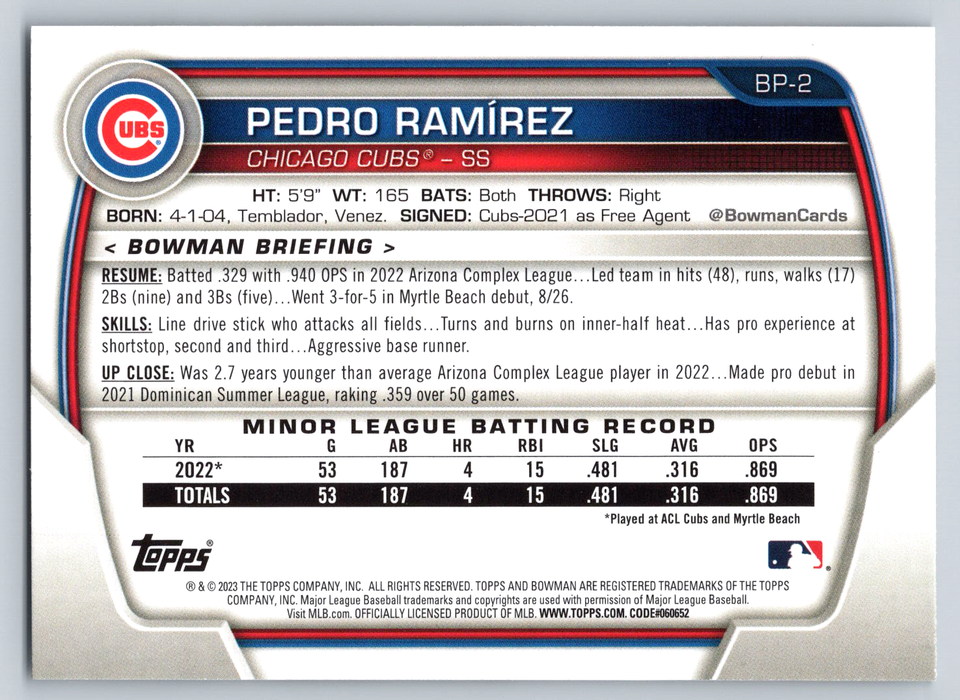2023 1st Bowman #BP-2 Pedro Ramirez Chicago Cubs Baseball Card | eBay