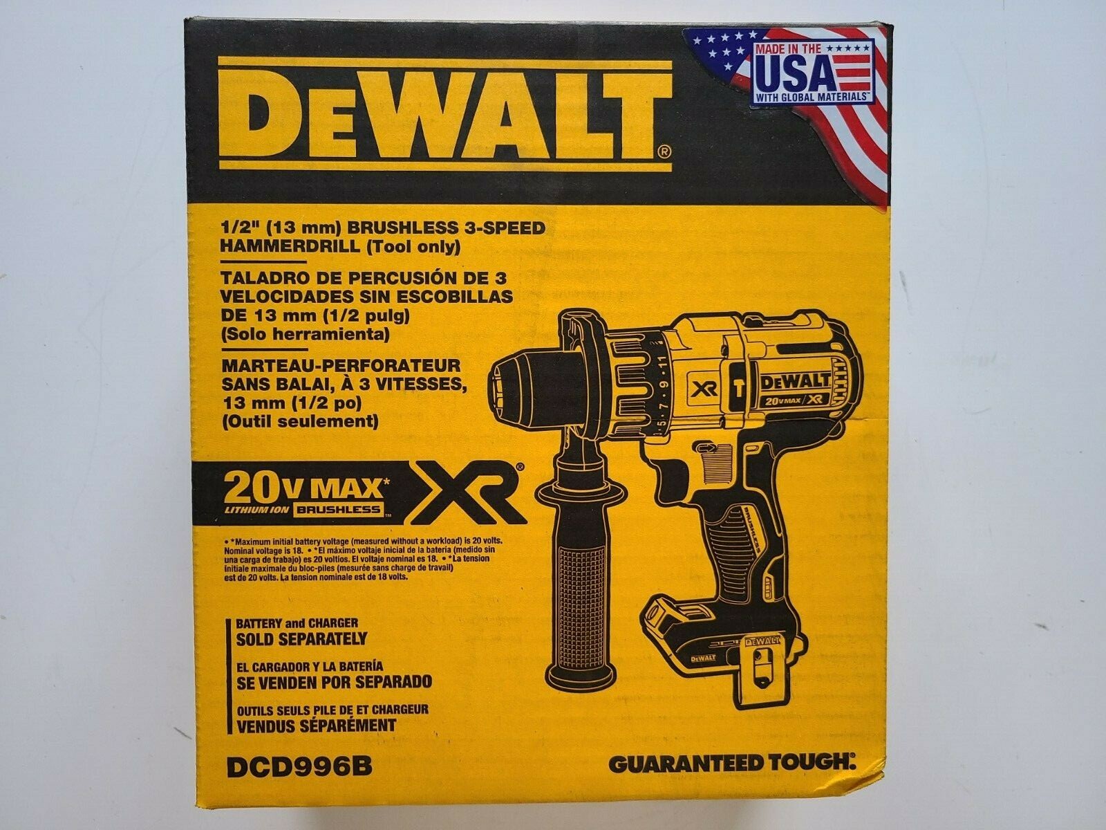 DEWALT DCD996B 20V 20 VOLT MAX 1/2" Brushless 3-Speed Hammerdrill Tool ...
