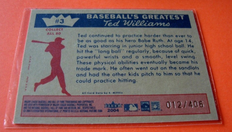 2004 Fleer mint #3 TED WILLIAMS "PRACTICE/PERFEC" 012/406 RED SOX 1959 ...