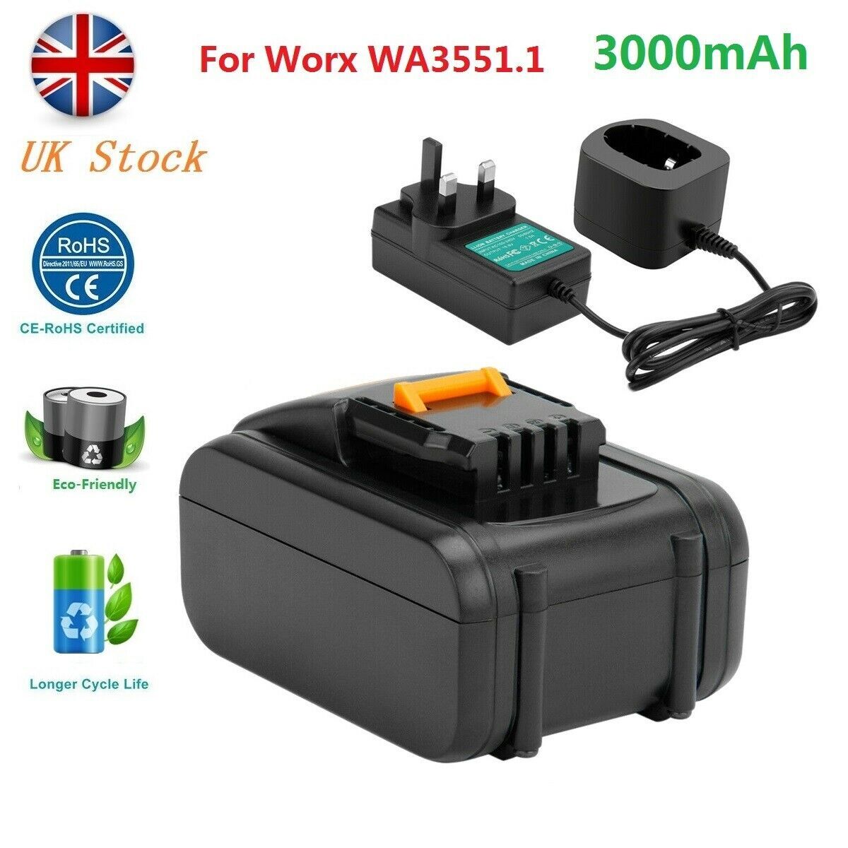 For WORX 20V 5.0Ah Battery WA3551.1 WA3551 WG169 WG259 3000mAh Li-ion w ...