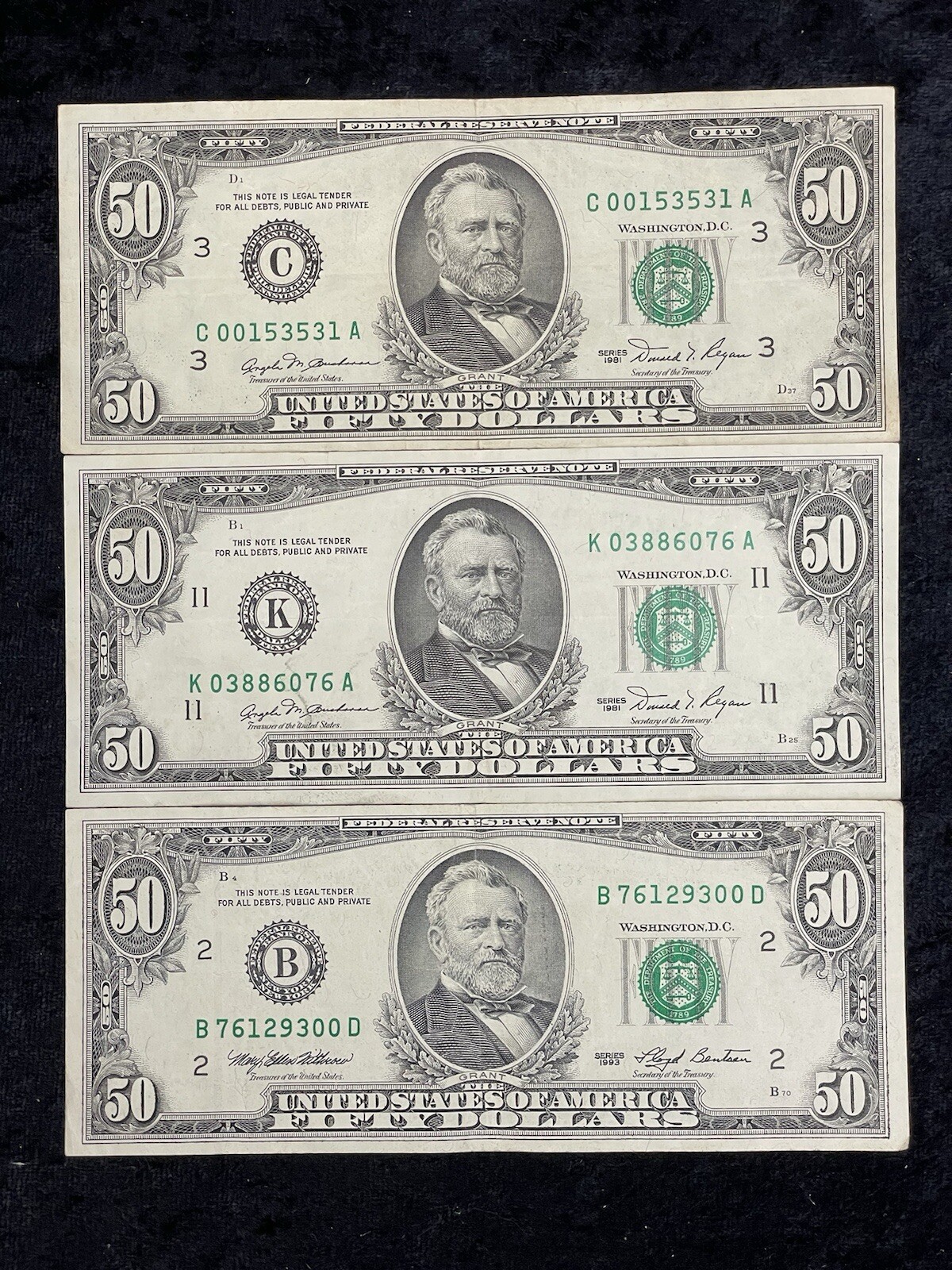 Lot of 3 Series 1981 & 1993 Federal Reserve Note 50 Dollar Bill Ex ...