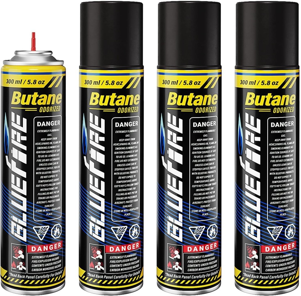 Bluefire Can Gas Refill Butane Fuel & 5 Nozzle adapter Refined 300ml 10 ...