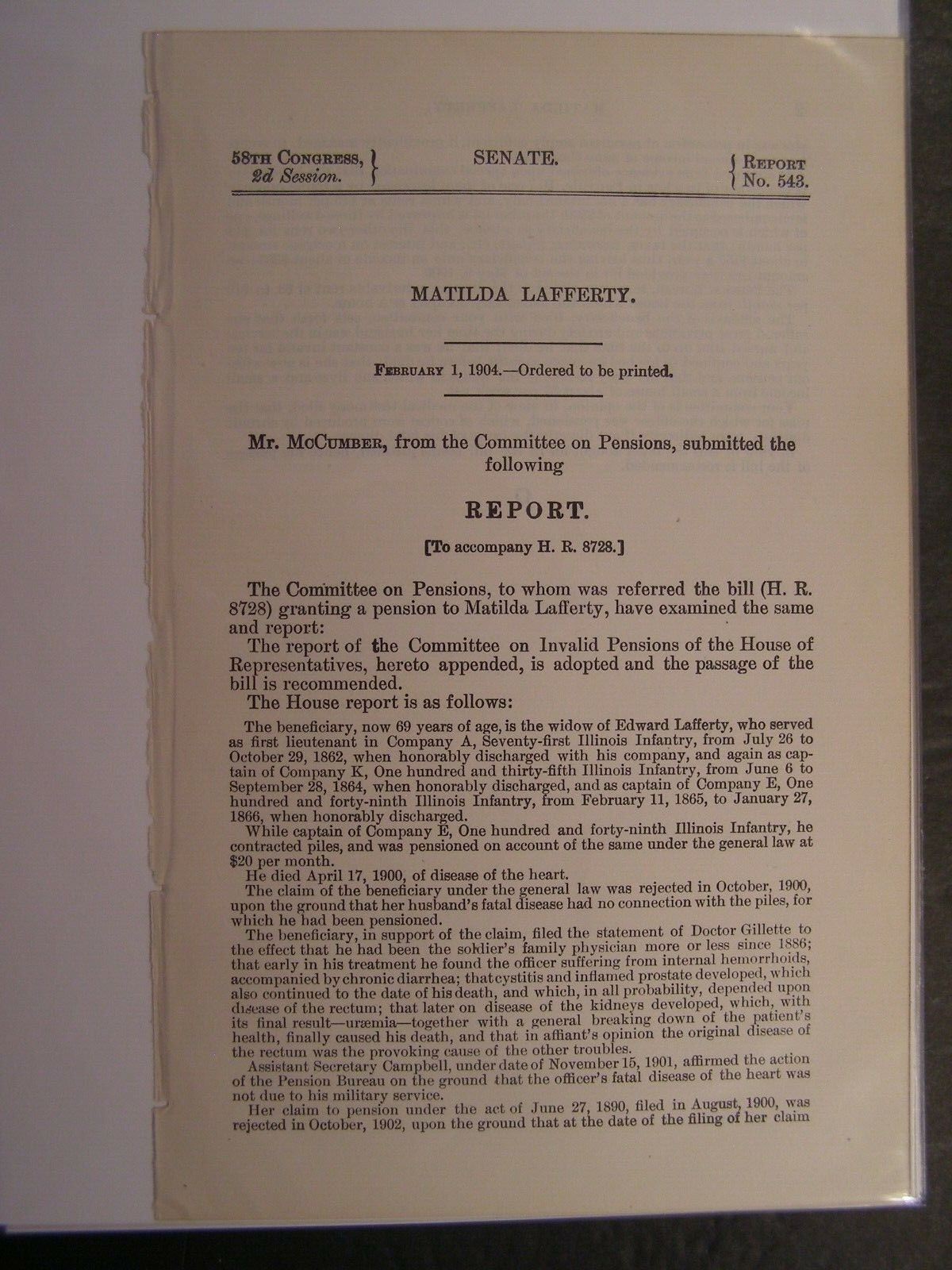 Government Report 1904 Edward Lafferty 1st Lieut Co A 71st IL Civil War ...