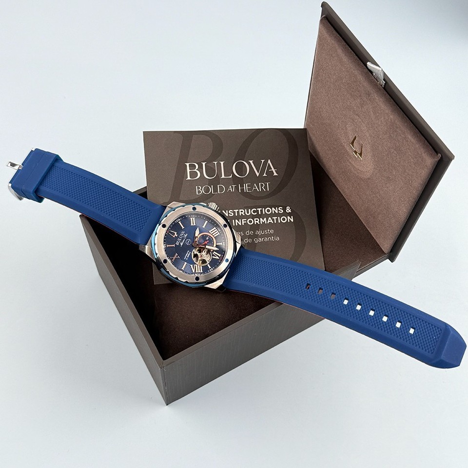 Men's Bulova 98A282 Marine Star Blue Dial Silicone Strap Automatic ...