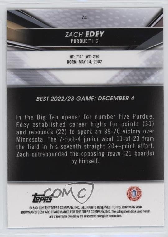 2022-23 Bowman U Best Speckle Refractor Zach Edey #74 s5q | eBay