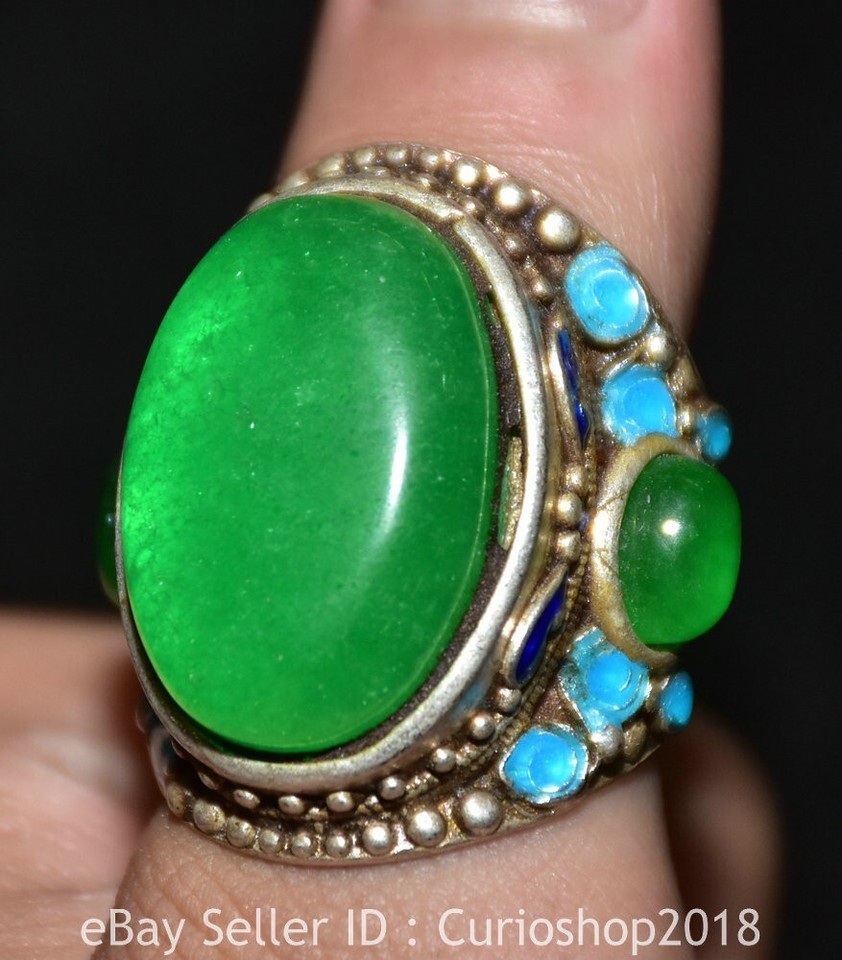 1.2" Rare Old Chinese Cloisonne Silver Inlay Green Gem Jewelry Figure ...