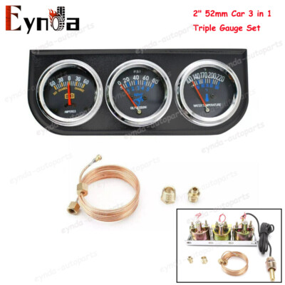 2" 52mm Car 3 in 1 Triple Gauge Set Kit AMP Meter Water Temp Oil ...