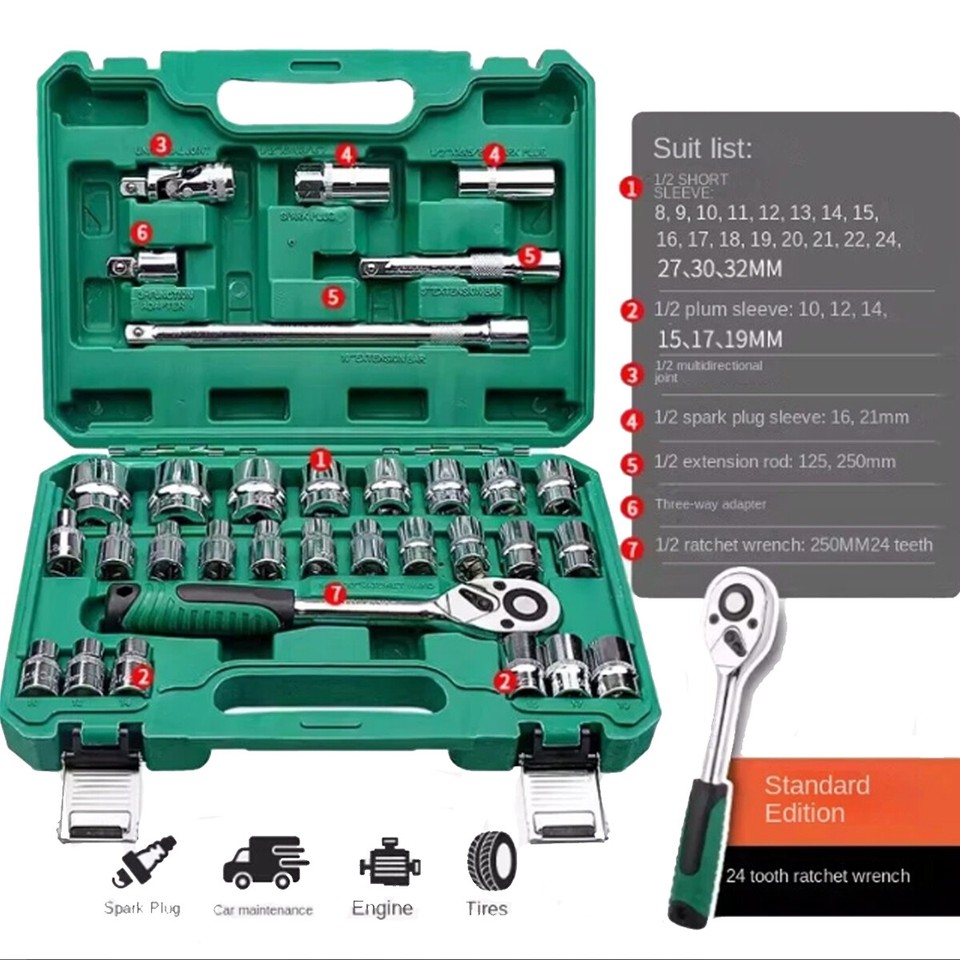 32 Pcs Socket Wrench Set 1/2" Drive Ratchet Metric Kit Garage Car ...