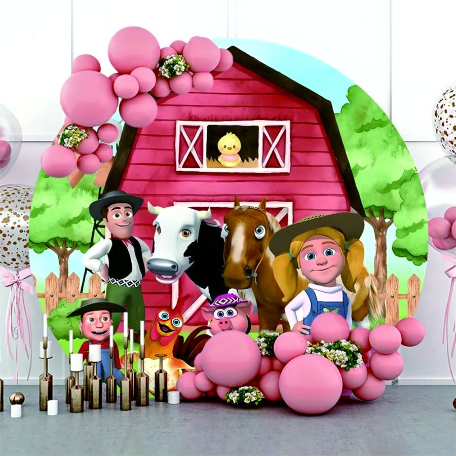 Round Farm Animals Backdrop Happy Birthday Party Barn Photo Background ...