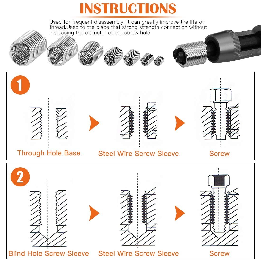 140 pcs Helicoil Stainless Steel Thread Repair Insert Kit M3 M4 M5 M6 ...