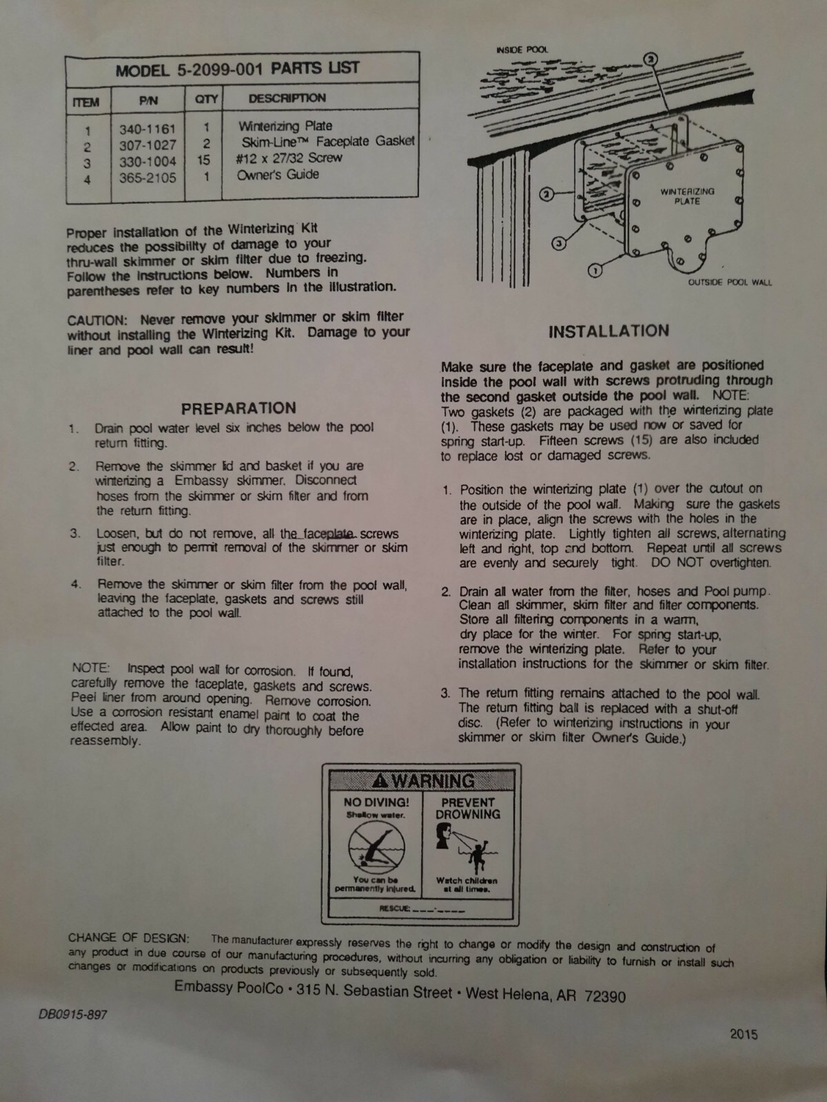 Pool Skimmer Winterizing Kit for Doughboy/Embassy/or Lomart 5-2099-001 ...