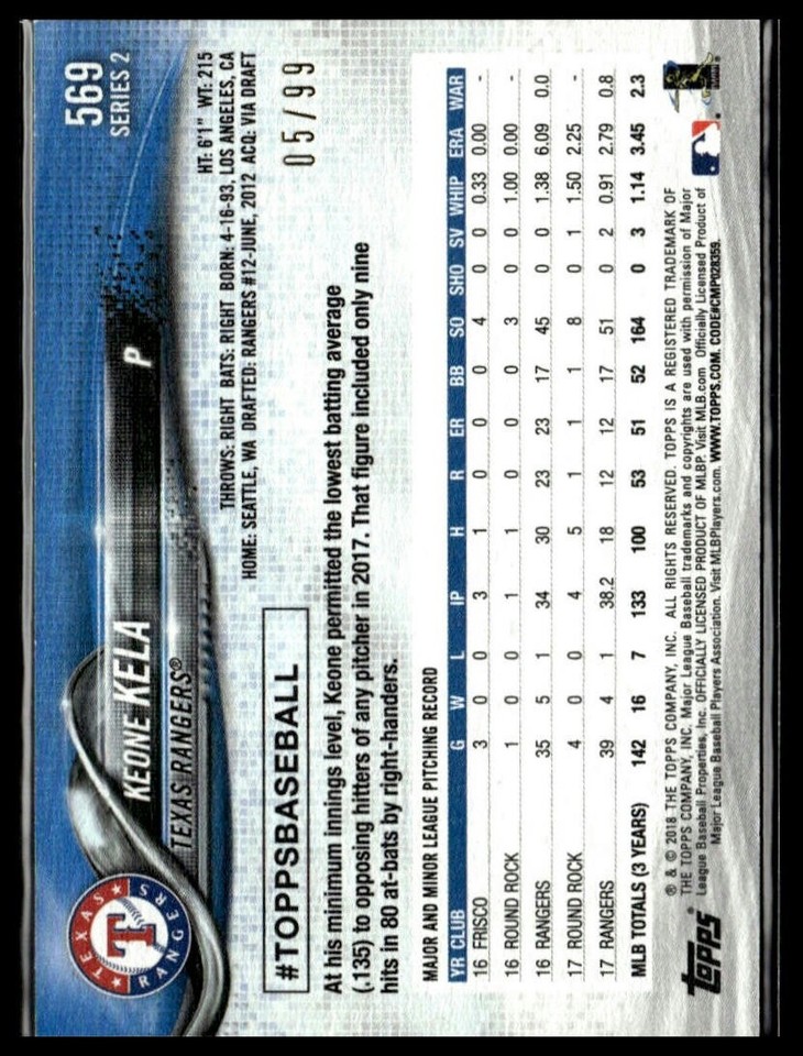 2018 Topps 569 Keone Kela Texas Rangers Vintage Stock 05/99 Baseball ...
