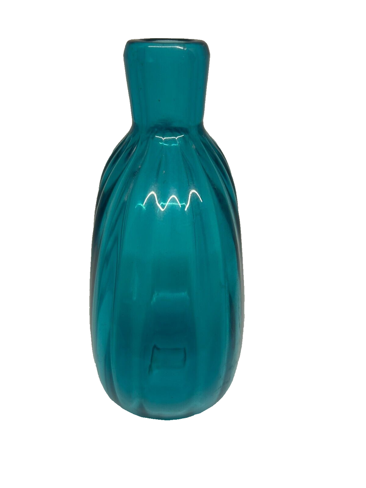 Vintage Art Glass Flask Ribbed Aqua Bottle Hand Blown Pontil Mark 5.75 ...
