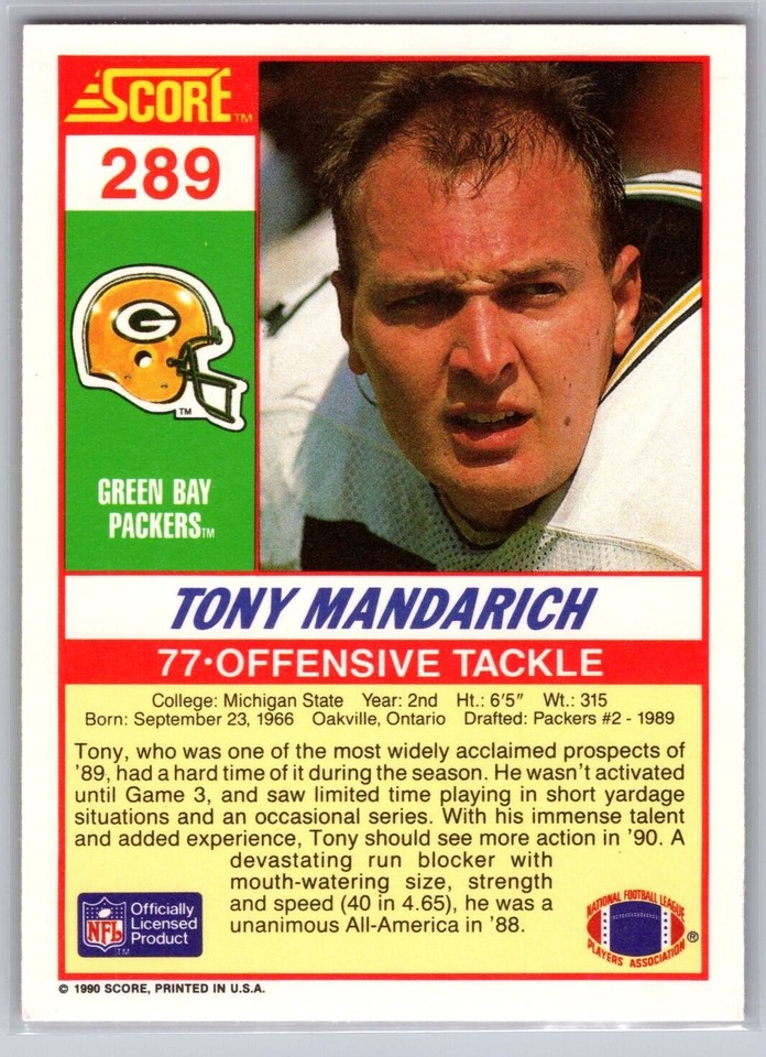 1990 Score - Tony Mandarich #289 Green Bay Packers NFL Football Card | eBay