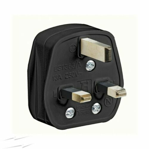 BLACK MAINS PLUG ELECTRIC POWER SOCKET ADAPTOR FUSED ADAPTER UK 3 PIN ...