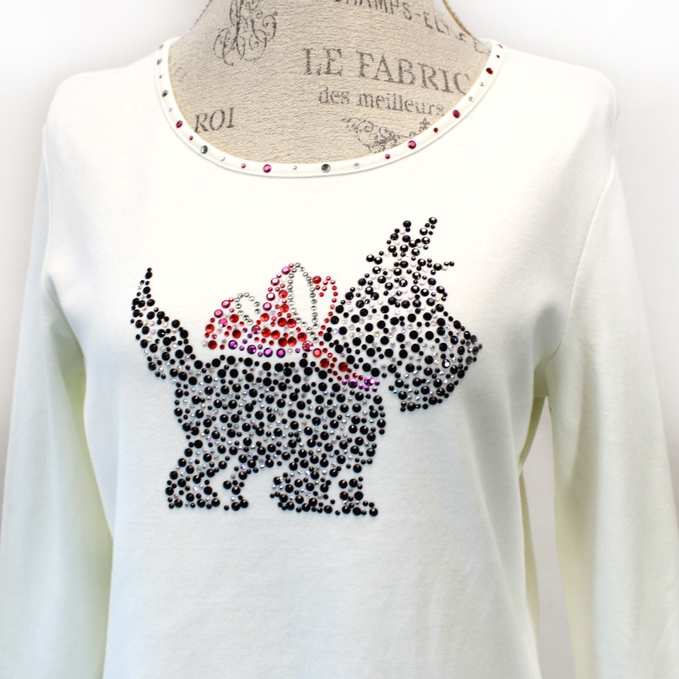 Quacker Factory Swarovski Details dog Christmas terrier Crew Neck Shirt ...