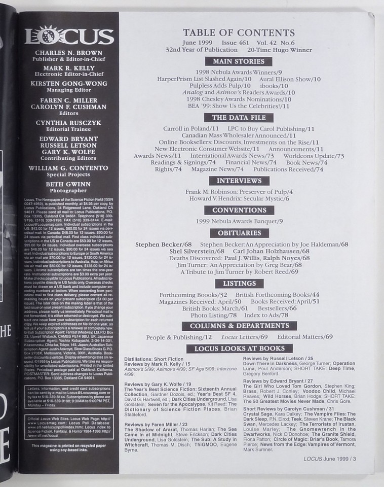 1999 LOCUS #461 science fiction FORTHCOMING BOOKS Frank Robinson NEBULA ...