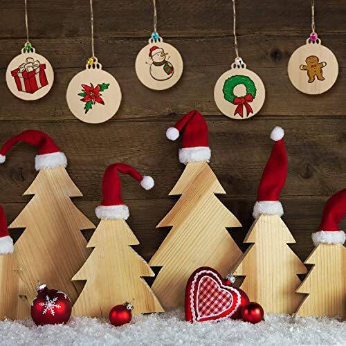 60 Pack DIY Wooden Disk Christmas Tree Decoration Hanging Round Blank ...