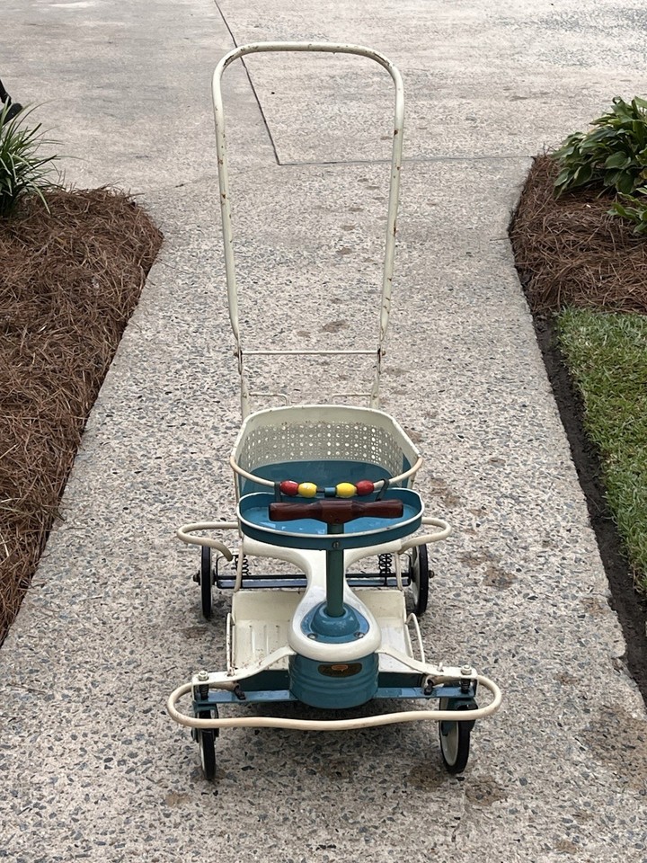 Vintage 1950s Taylor Tot Metal Wood Baby Stroller Walker blue White ...