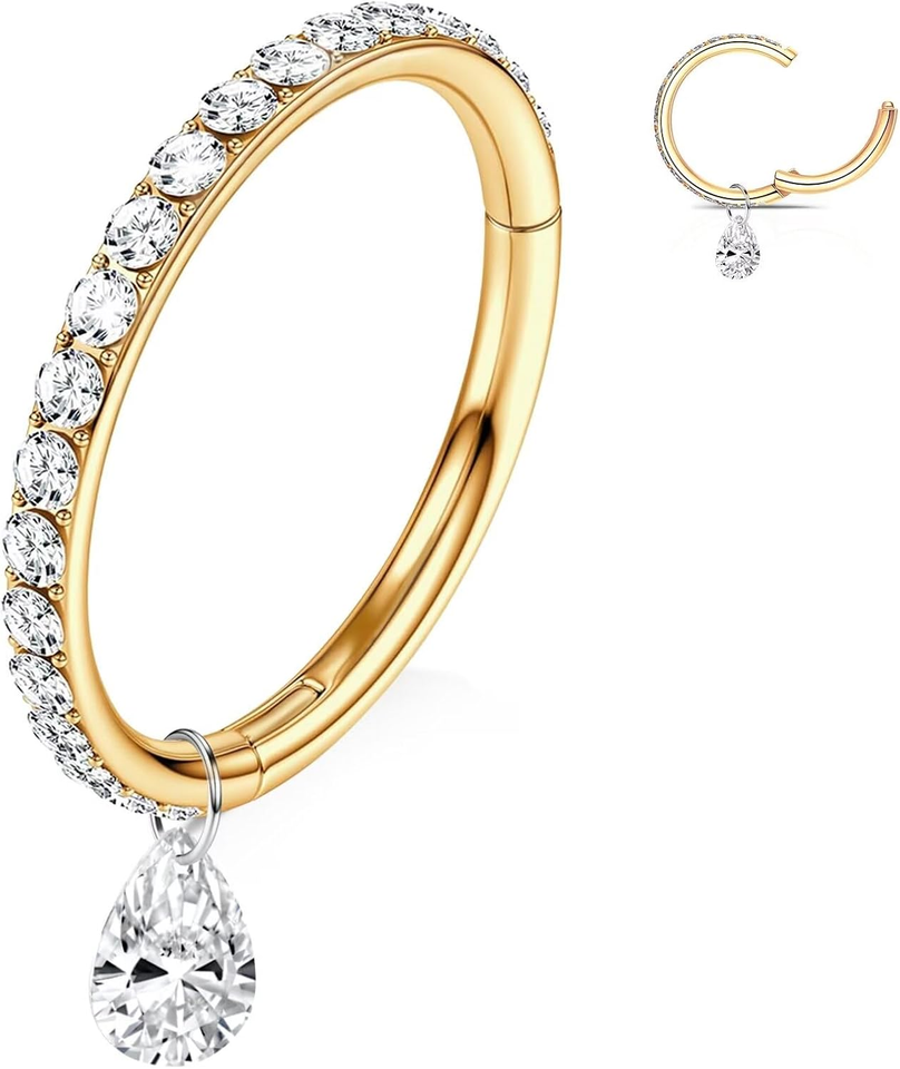 316L Stainless-Steel Piercing-Ring Hinged Nose-Rings-Hoop with Zircon ...