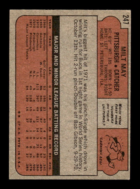MILT MAY SIGNED 1972 TOPPS #247 PITTSBURGH PIRATES ON-CARD AUTO | eBay