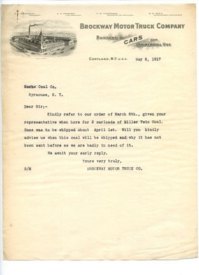 1917 Brockway Motor Truck Company Letterhead Cortland NY Vintage ...