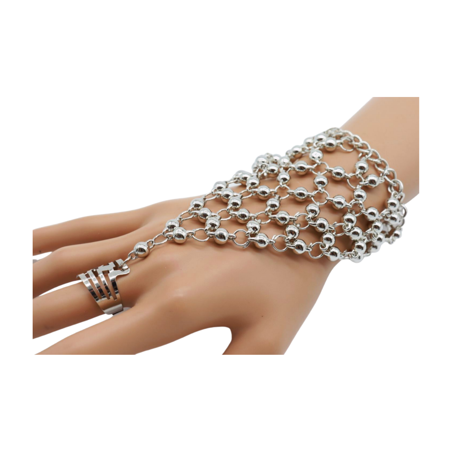 Women Silver Metal Hand Chain Bracelet Ball Charms Ring Connected One ...