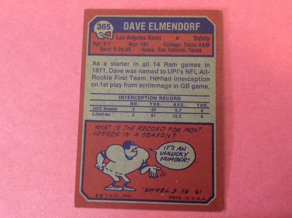 1973 Topps Los Angeles Rams #365 Dave Elmendorf Autograph. | eBay