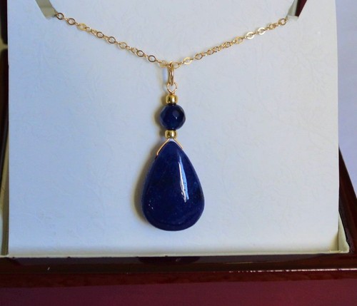 Beautiful Natural Blue Sapphire Cabochon Pear 14K Yellow Gold Pendant ...