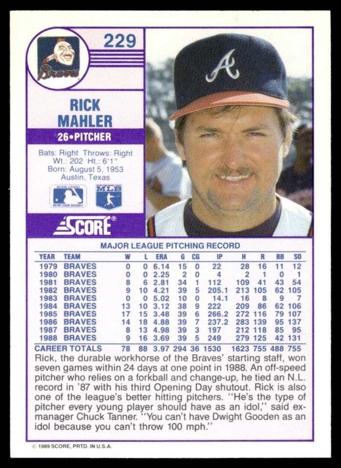 1989 Score Rick Mahler Atlanta Braves #229 | eBay
