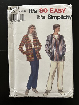 Vintage SIMPLICITY 9131 Pull On Pants Shirt Jacket Mens Misses A Xs-Xl ...