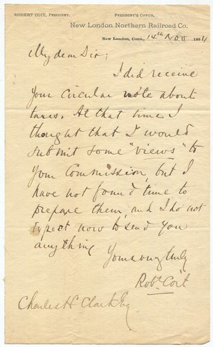 1884 Robert Coit Autograph Letter Signed, President New London Northern ...
