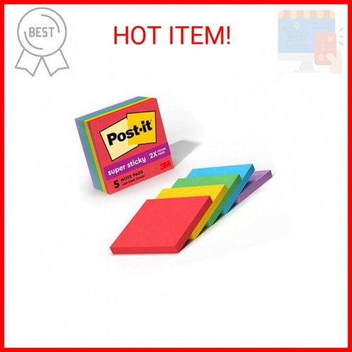 Post-it Super Sticky Notes, 3x3 in, 5 Pads, 2X The Sticking Power ...