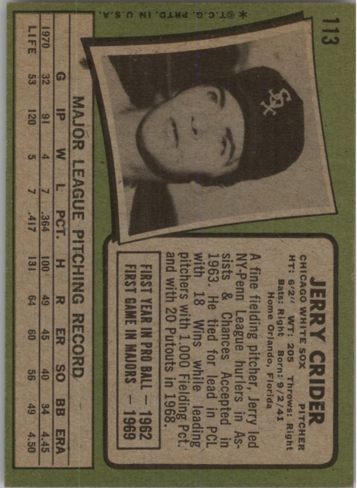 1971 Topps #113 Jerry Crider - EX | eBay