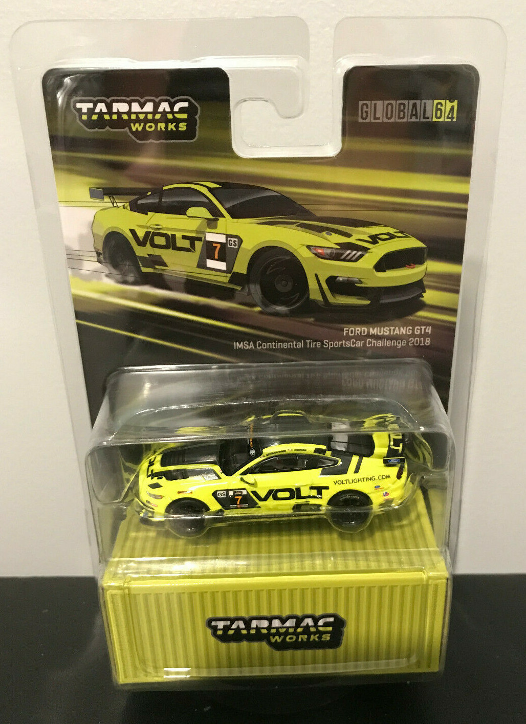 Tarmac Works Yellow #7 VOLT Ford Mustang GT4 IMSA Racecar, Global64 1/ ...
