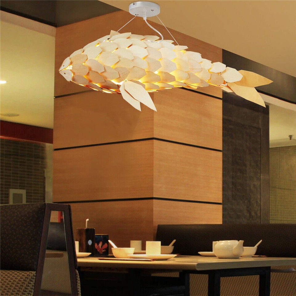 Large Fish-Shaped Wooden Ceiling Pendant Light Chandelier Lamp Hanging ...