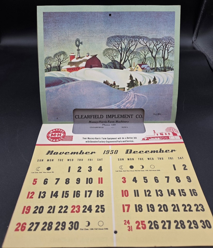 Vintage 1950 Massey Harris Clearfield Implement Calendar Clearfield ...