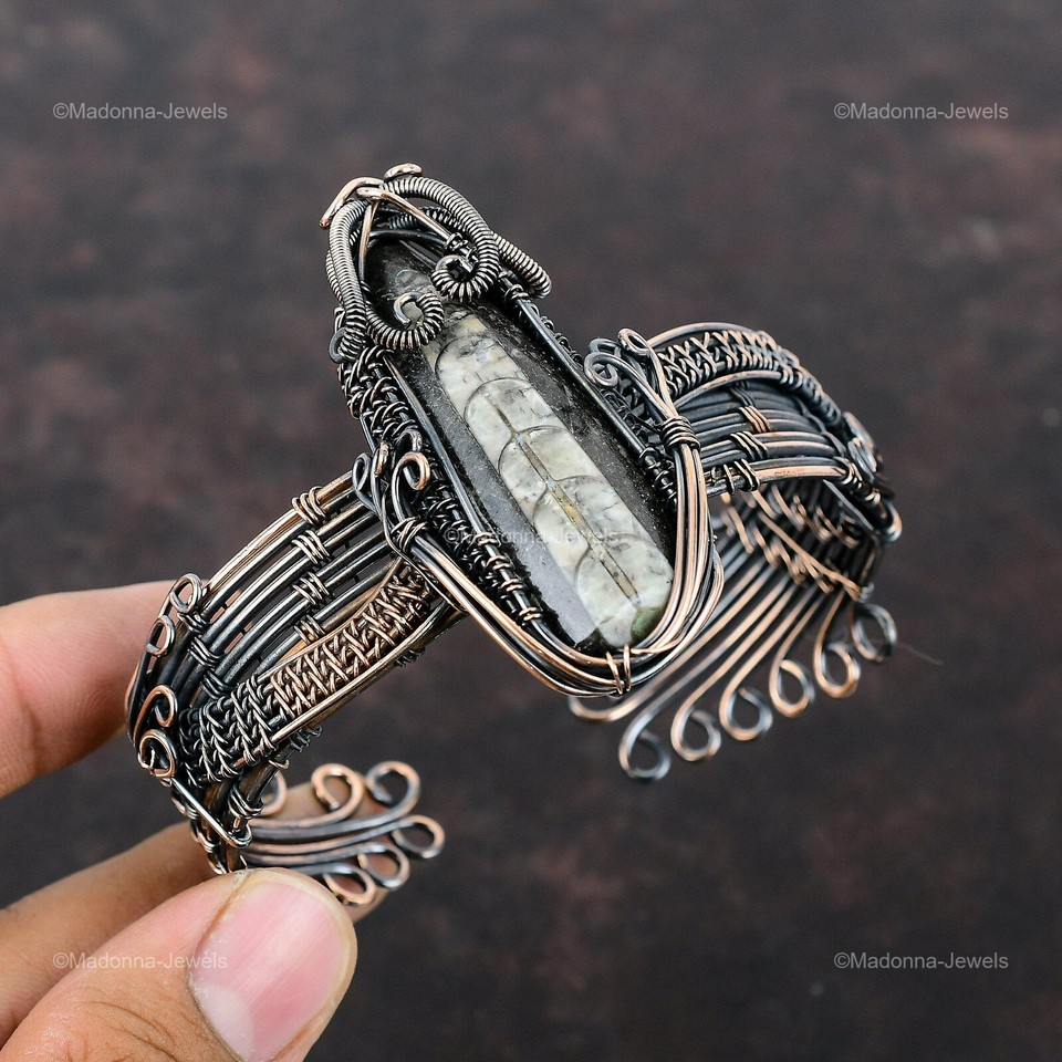 Orthoceras Fossil Wire Wrapped Adjustable Bangle Handcrafted Copper ...