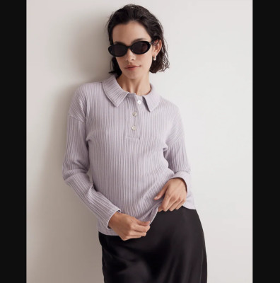 Madewell Womens XXS Variegated Rib Boxy Polo Shirt Long Sleeve Lavender ...