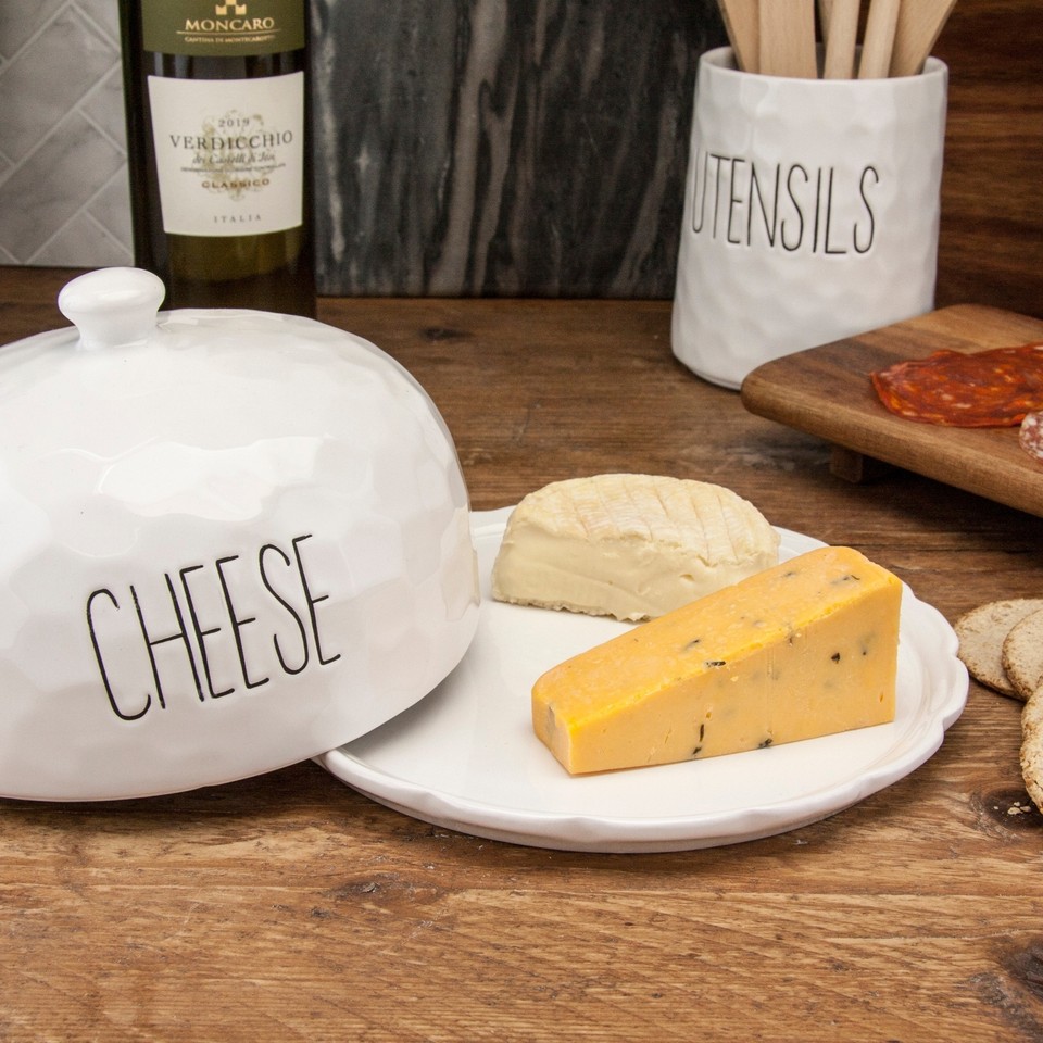 Cheese Board Dome w/ Lid & Plate 3pc Set White Dimple Ceramic Labelled ...