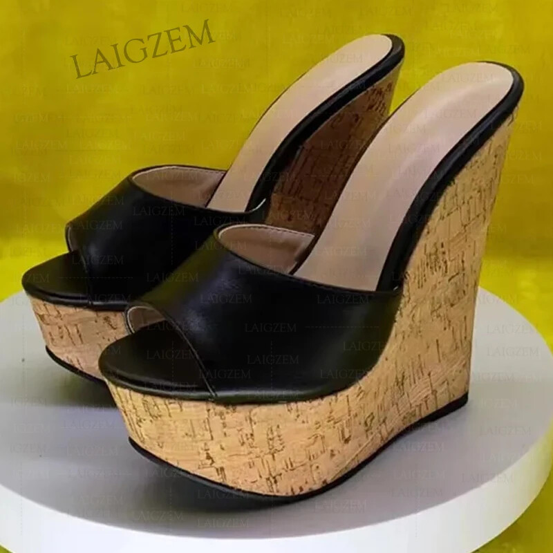 Women Platform Wedges High Heels Slip On Peep Toe Height Increase Shoes ...